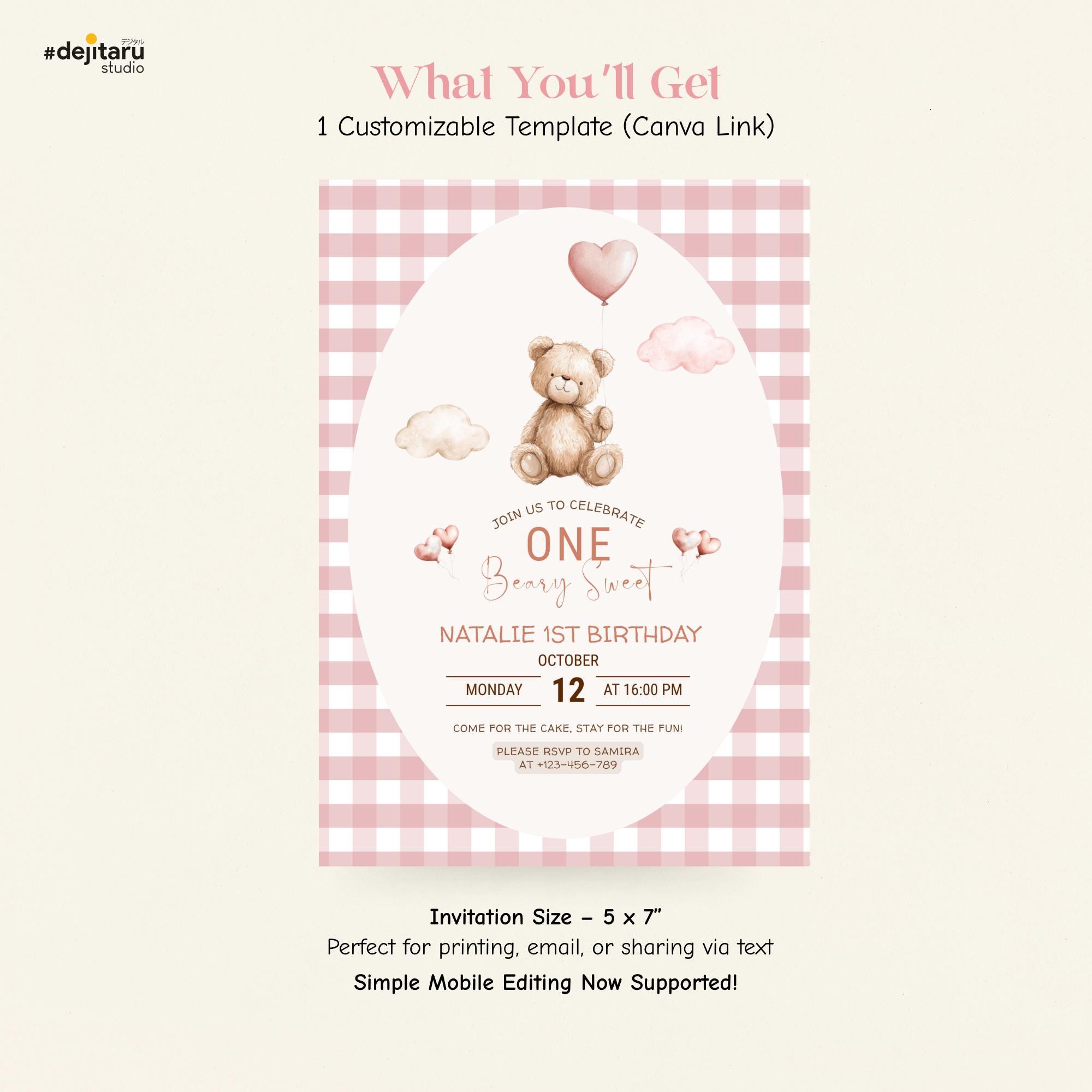 Bear First Birthday Invitation | Beary Sweet One Canva - Etsy