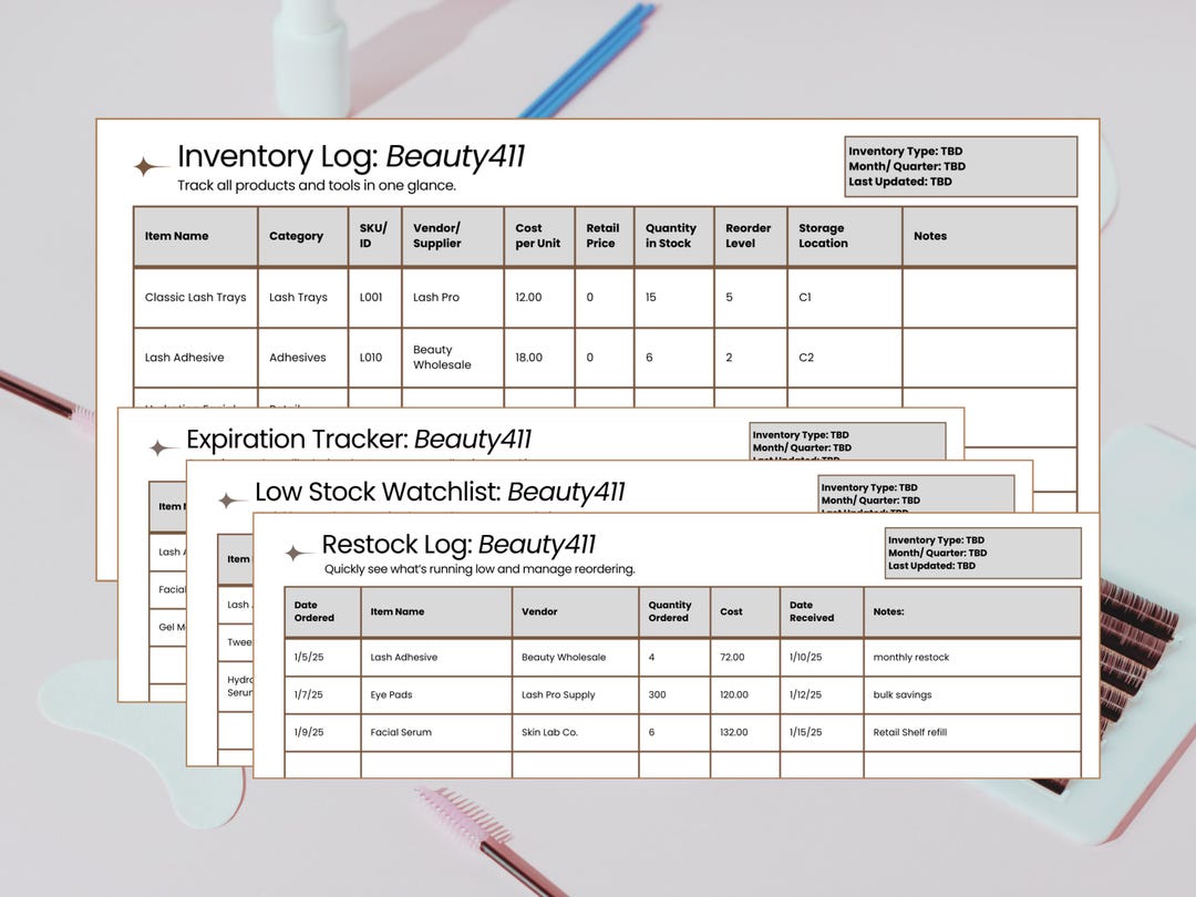 Lash Artist & Esthetician Inventory Bundle: Supply Log, Restock and ...