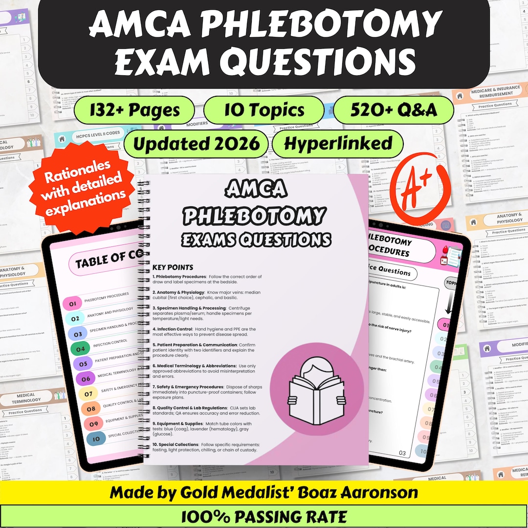 AMCA Phlebotomy Exam Questions & Answers With Rationales - 132+ Pages ...
