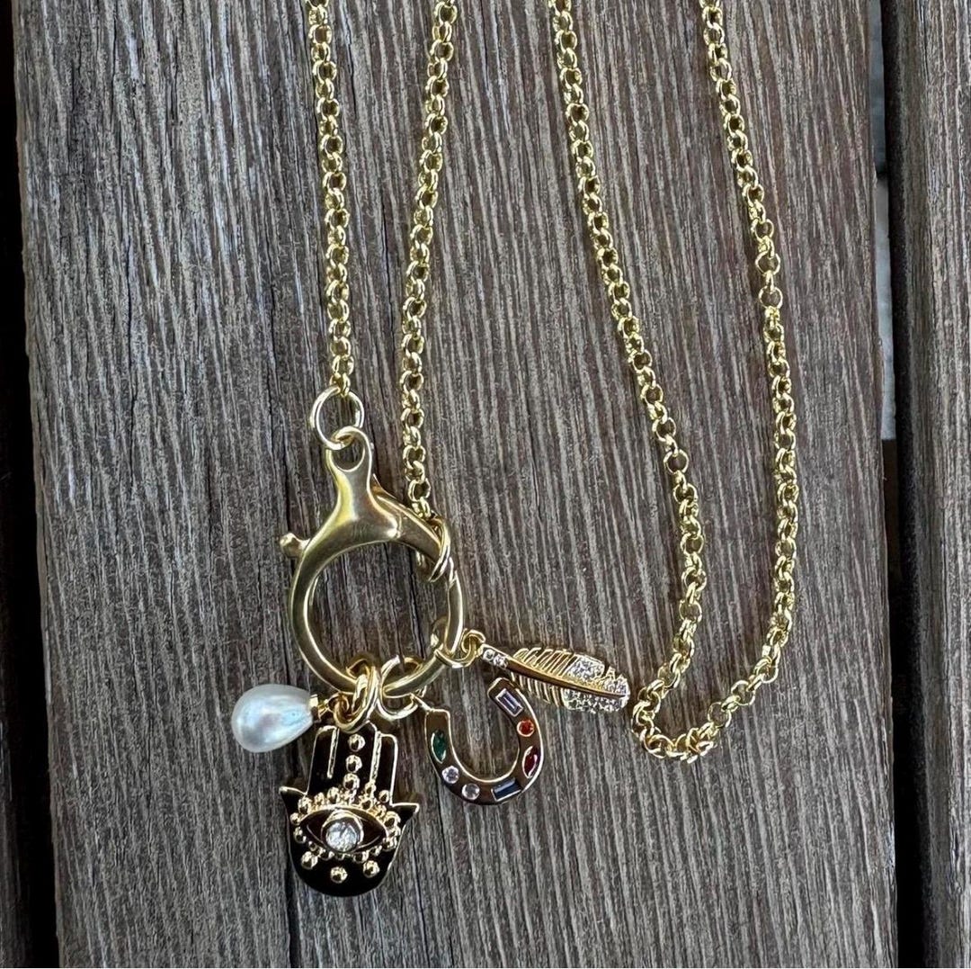 Gold Necklace With Good Luck Charms: Hamsa Hand, Pearl, Gem Horse Shoe ...