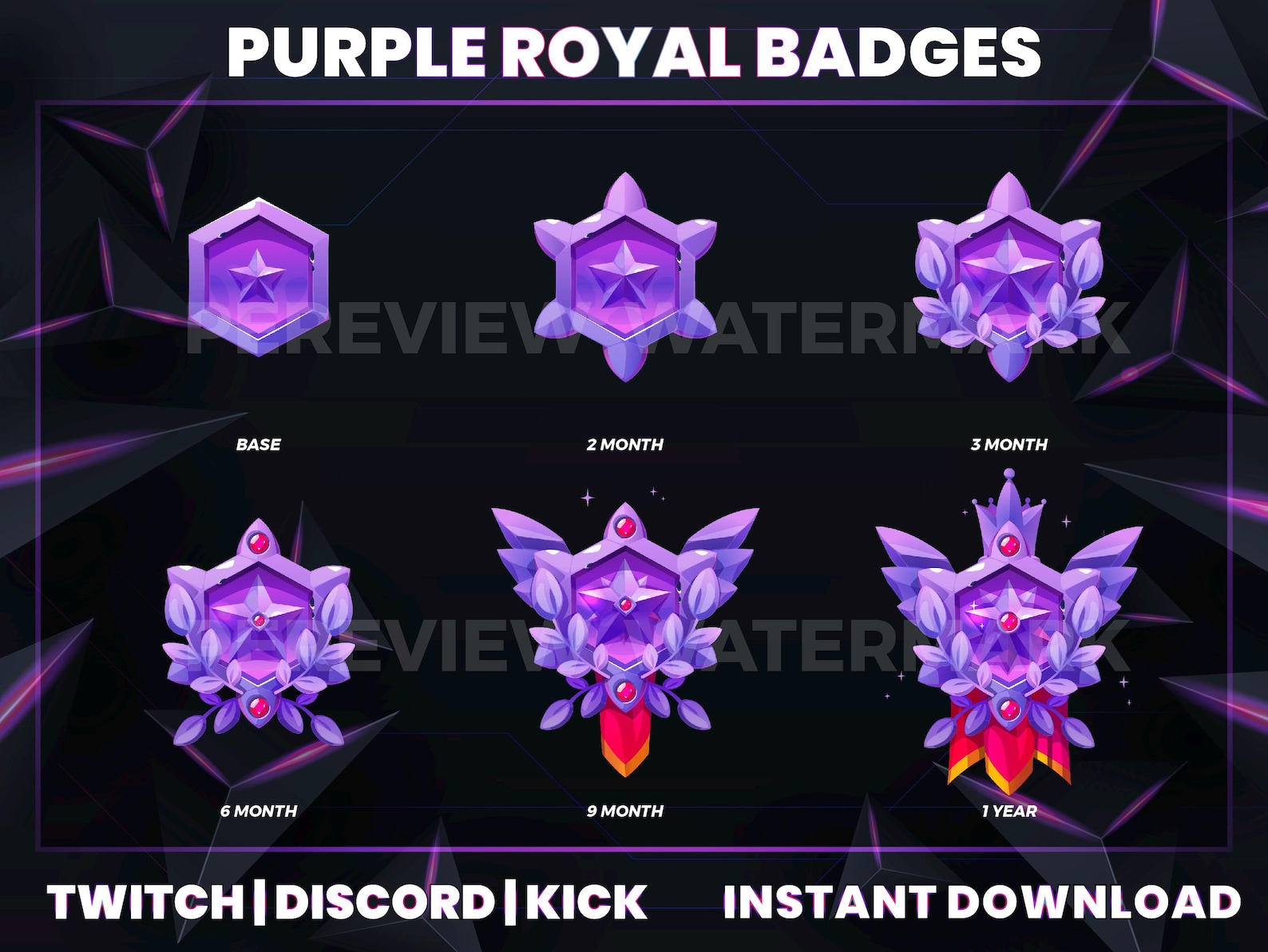 Purple Crystal Crown Badges: Twitch, Discord, Kick Loyalty Rewards (PNG ...