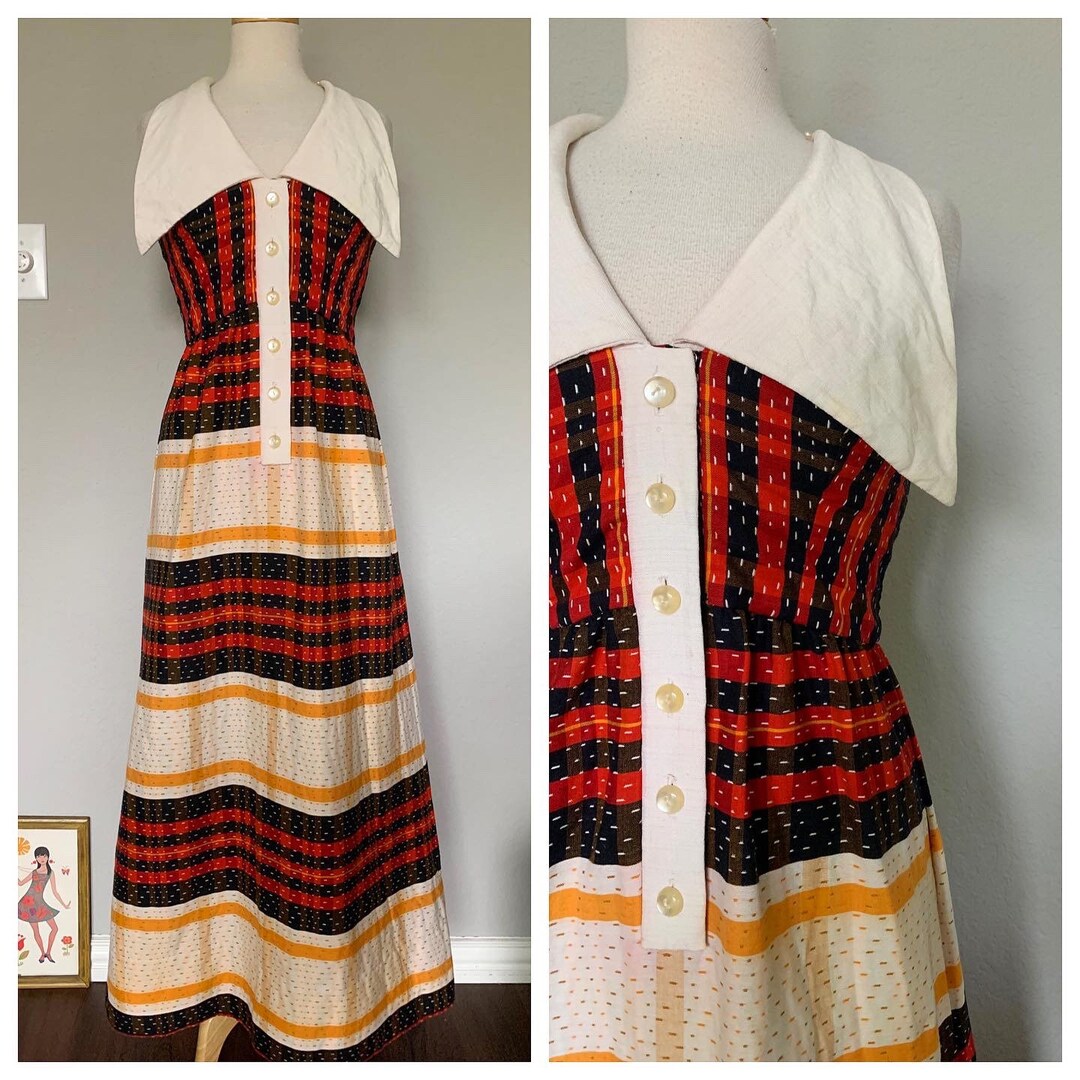 70s Rodrigues Dagger Collar Striped Maxi Dress - Etsy