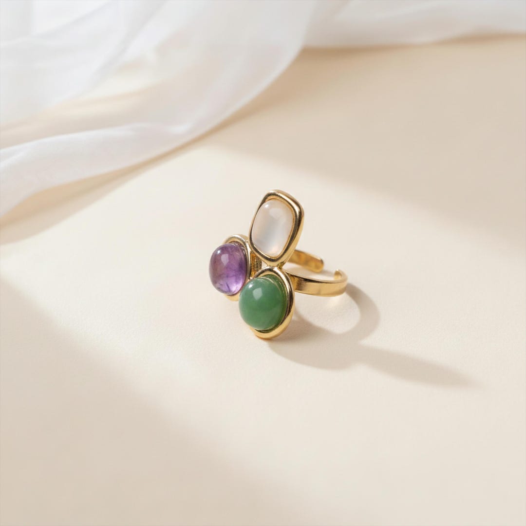 Gold Multi Stone Adjustable Ring Moonstone Amethyst Green Aventurine ...
