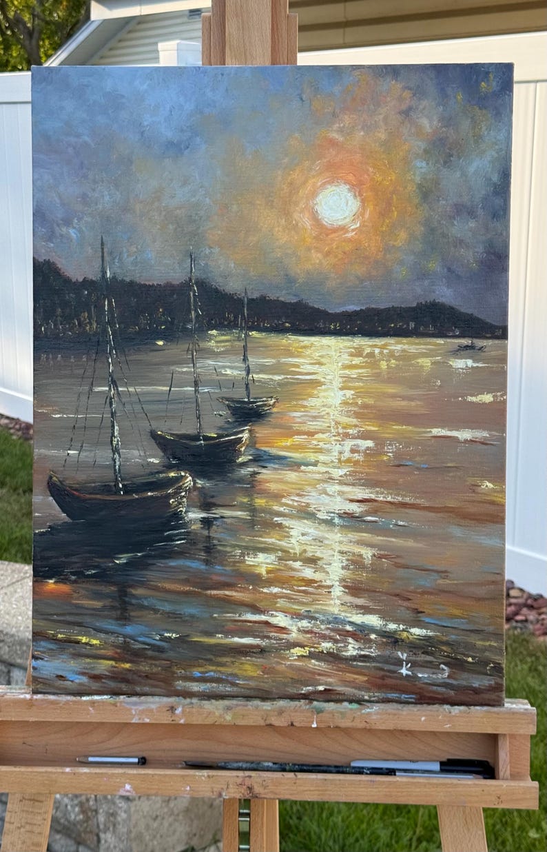 Original Oil Painting: Golden Sunset Sailboats Seascape Wall Art (18x24 ...
