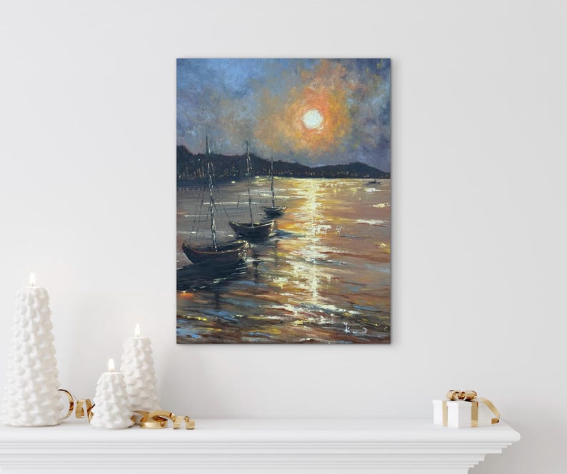 Original Oil Painting: Golden Sunset Sailboats Seascape Wall Art (18x24 ...