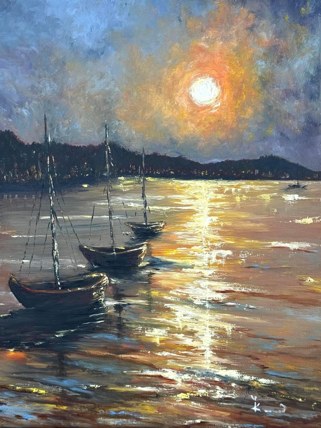 Original Oil Painting: Golden Sunset Sailboats Seascape Wall Art (18x24 ...