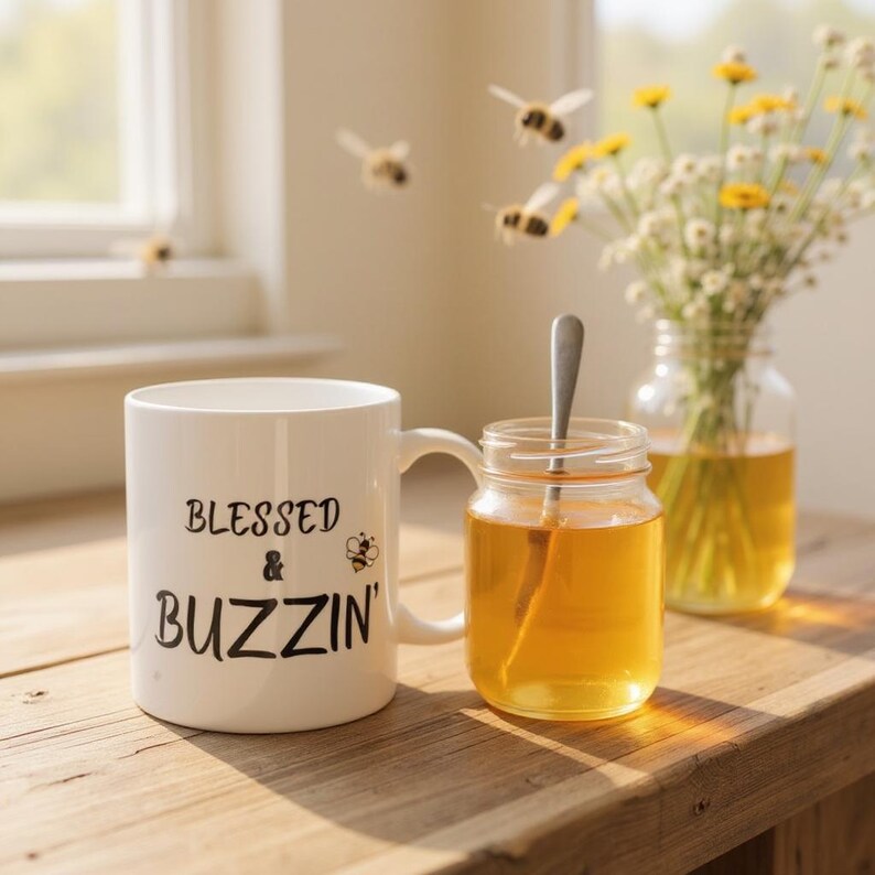 Blessed & Buzzin’ Funny Bee Coffee Mug | Christian Faith Quote Cup ...