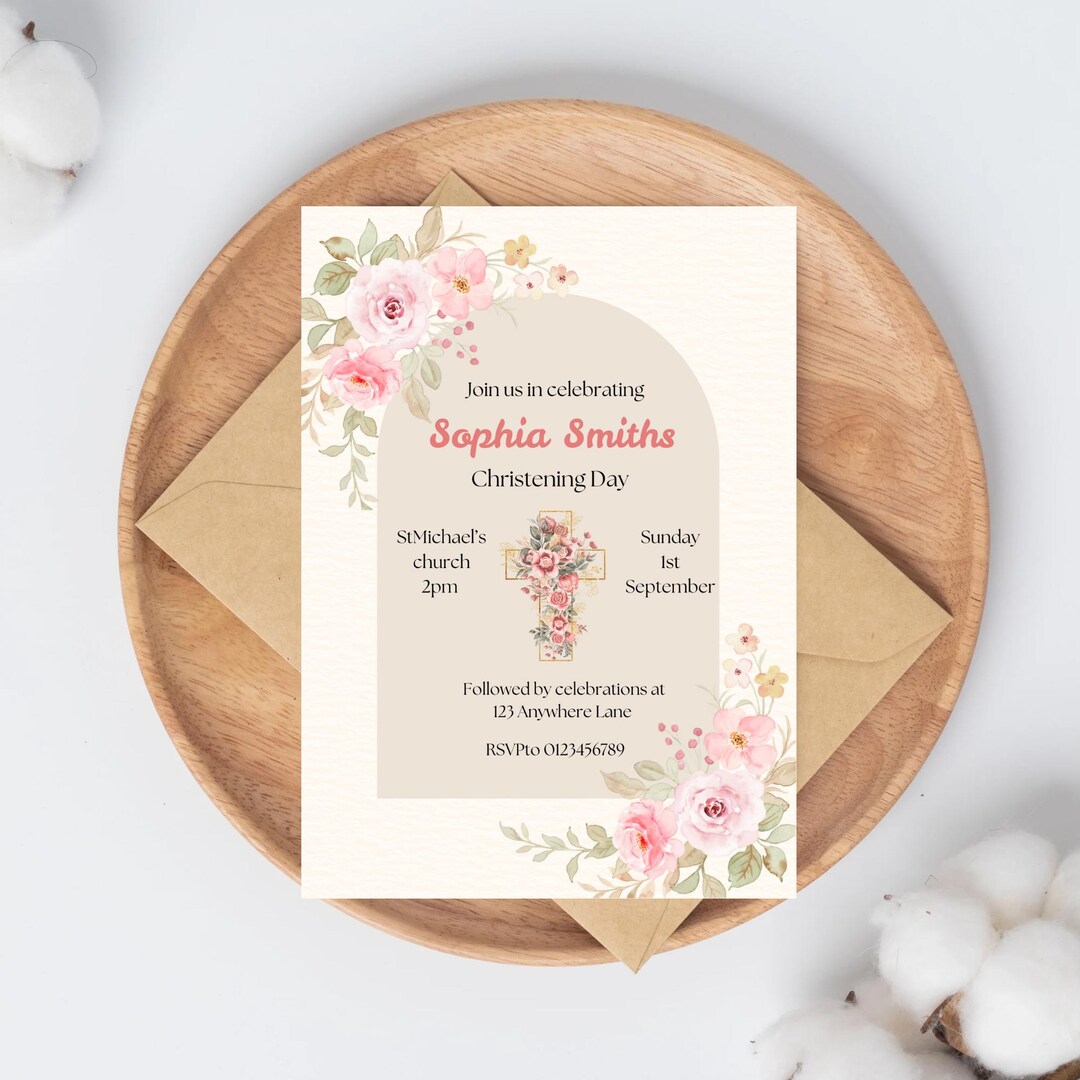 Editable Christening Day Digital Invitation Template - Floral - Instant ...