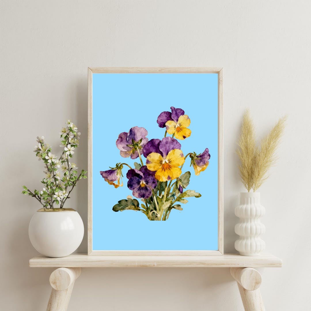 Pansy Print Botanical Wall Art | Vintage Purple Yellow Flower Printable ...