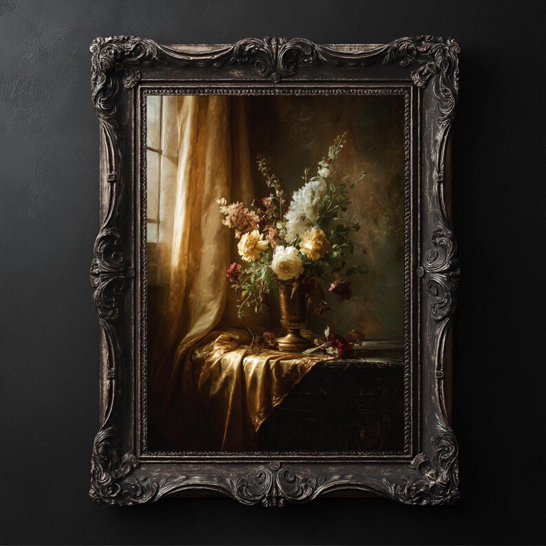 Vintage Floral Still Life Oil Painting – Golden Light, Dark Academia ...