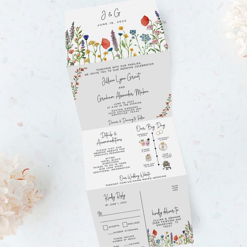 Wildflower Wedding Invitation Template Tri Fold All-in-one | Etsy