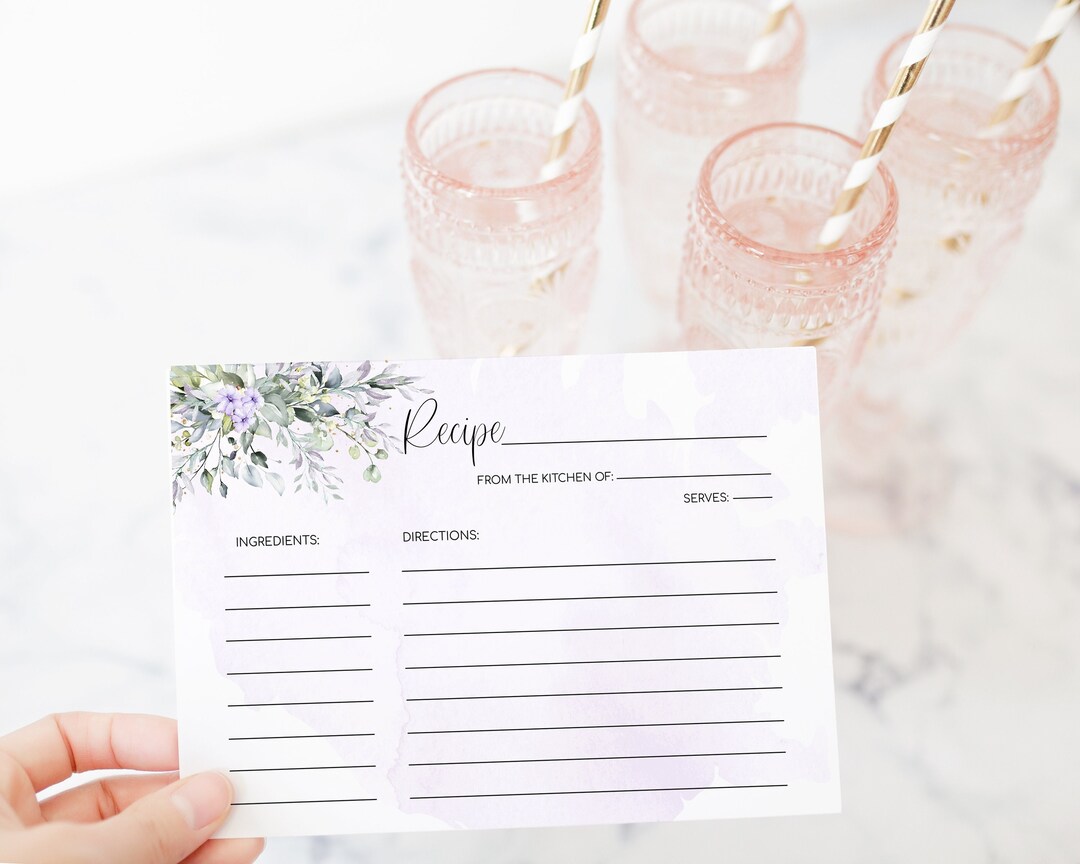 Succulent Recipe Card Template, Lavender Bridal Shower Recipe Card ...