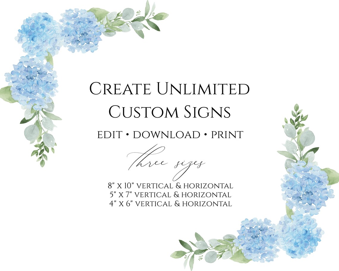 Wedding Sign Bundle Blue Hydrangea Wedding Signs Template | Etsy