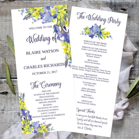 Wedding Program Template Printable / Editable 4x9 - Floral Watercolor ...