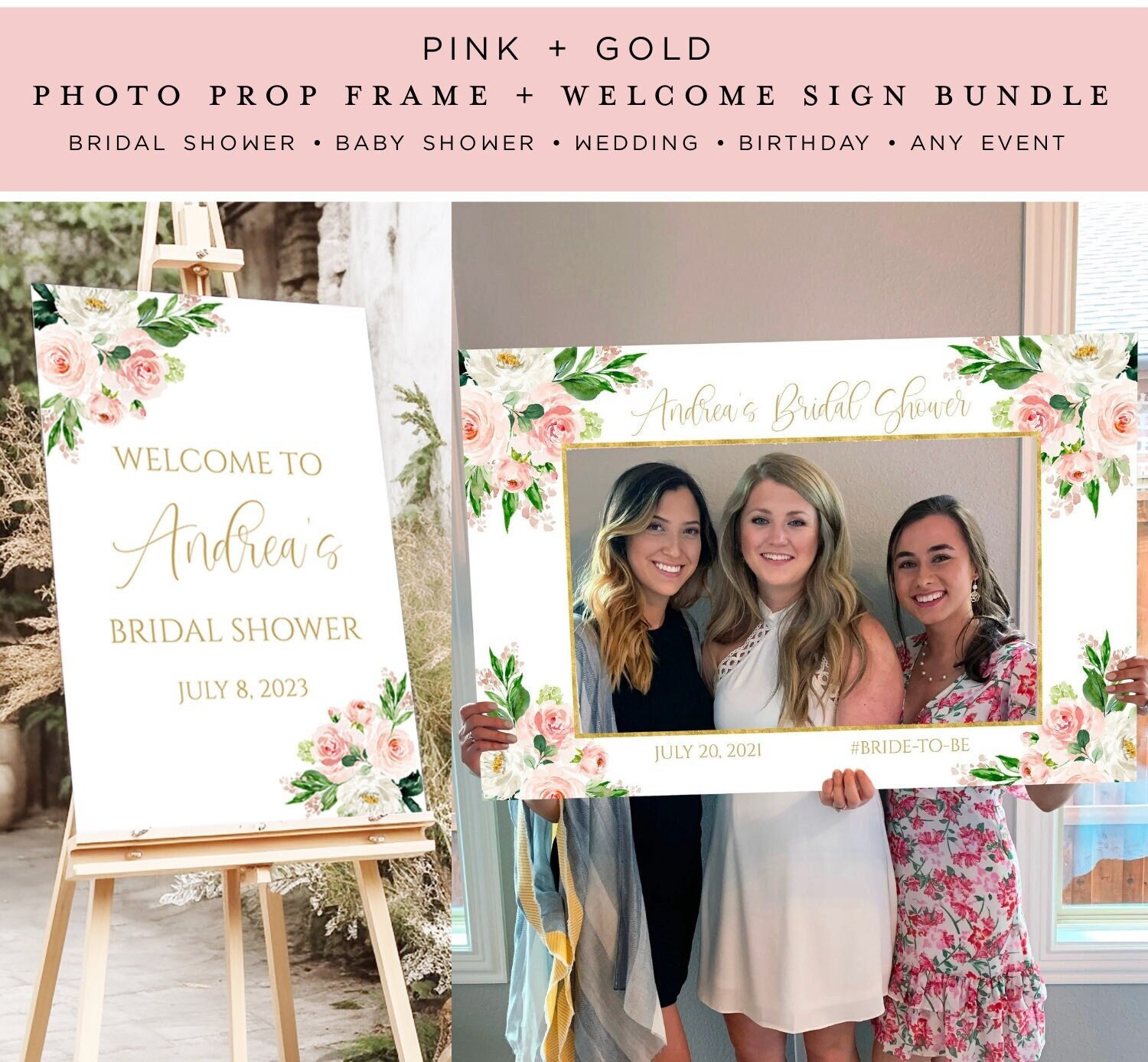 Blush Pink & Gold Photo Booth Frame + Welcome Sign: Bridal Shower Decor ...