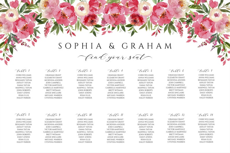 Bright Pink Wedding Seating Chart Template Hot Pink Peony - Etsy