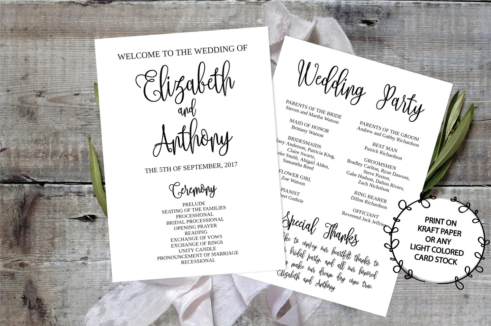 Calligraphy Wedding Program Template: Rustic Kraft Paper (5x7 Printable ...