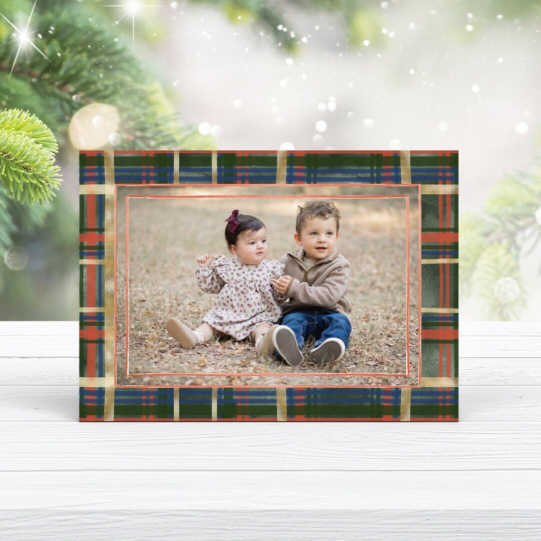 Photo Christmas Card Template, Pink Plaid Christmas Card, Green Red ...