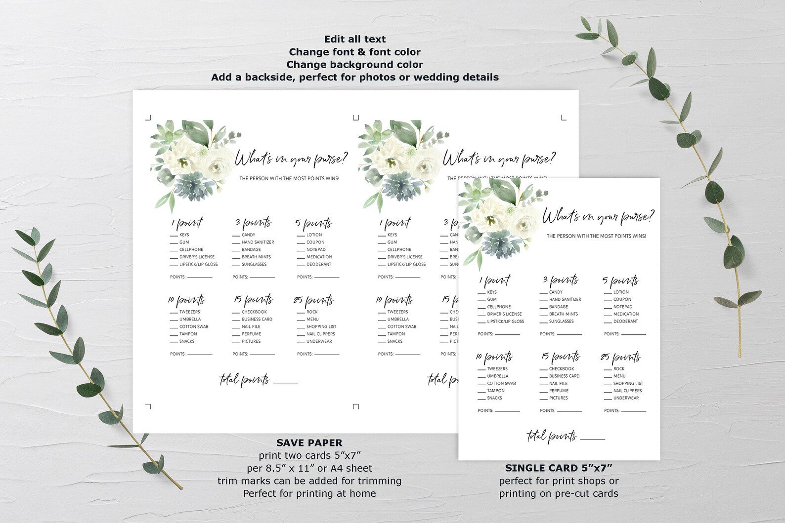 What's in Your Purse Game Succulent Blue Floral Bridal | Etsy