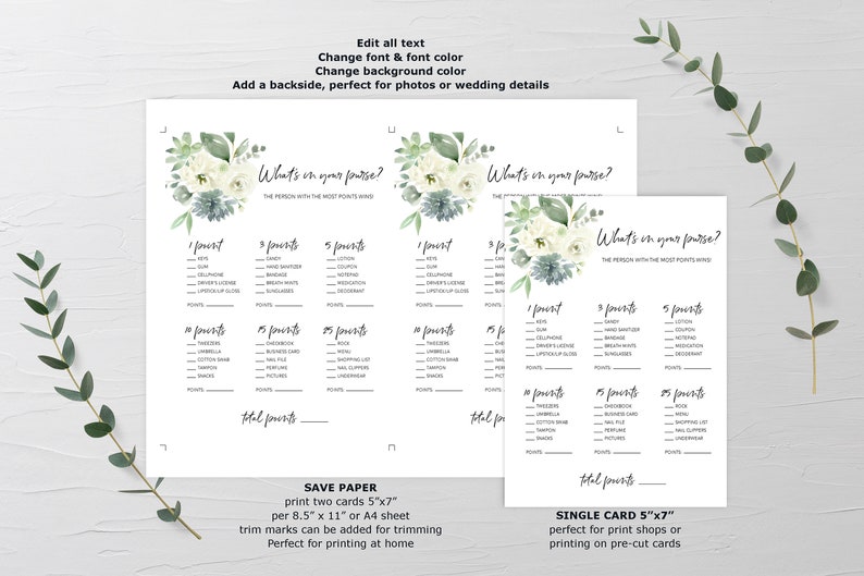 What's in Your Purse Game Succulent Blue Floral Bridal - Etsy