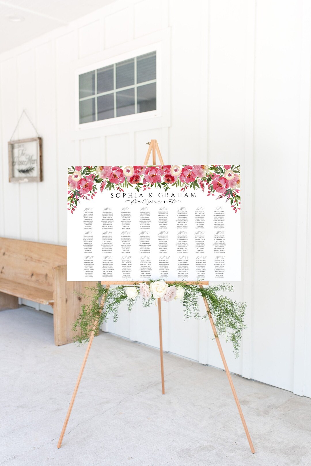 Bright Pink Wedding Seating Chart Template, Hot Pink Peony Floral ...