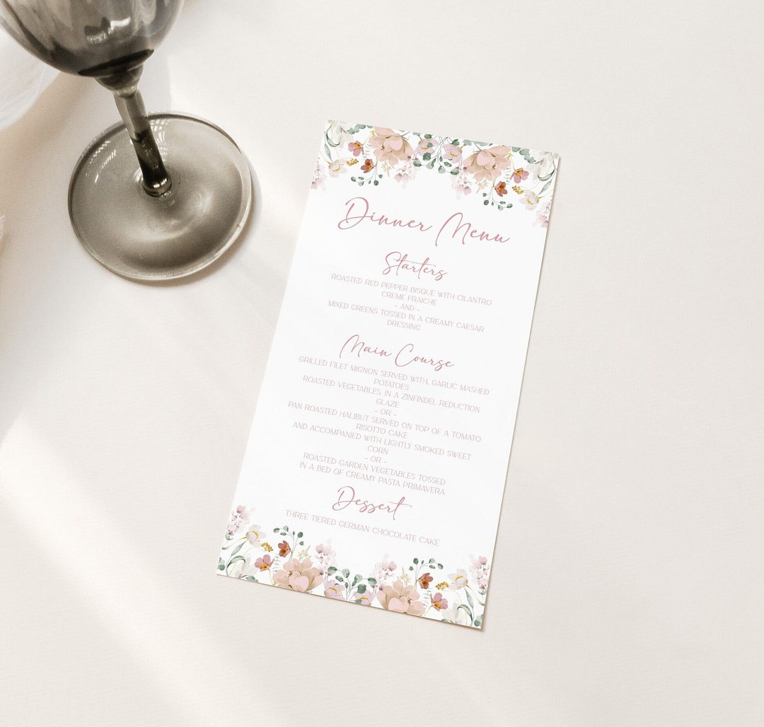 Wildflower Floral Dinner Menu Printable Template, Editable Wedding Menu ...