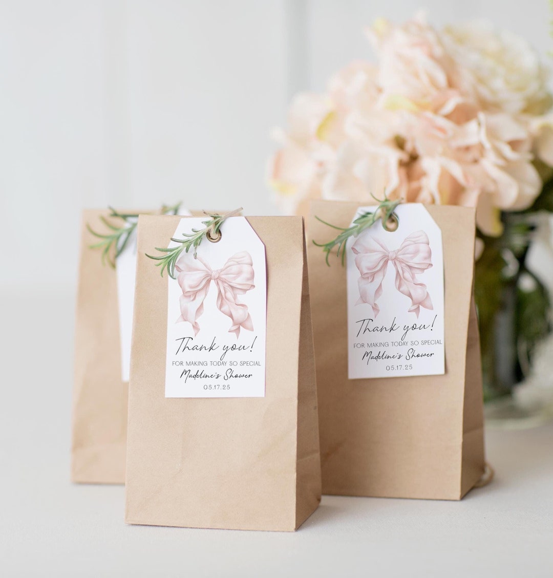 Pink Bow Thank You Favor Tags: Editable Shower Stickers - Etsy