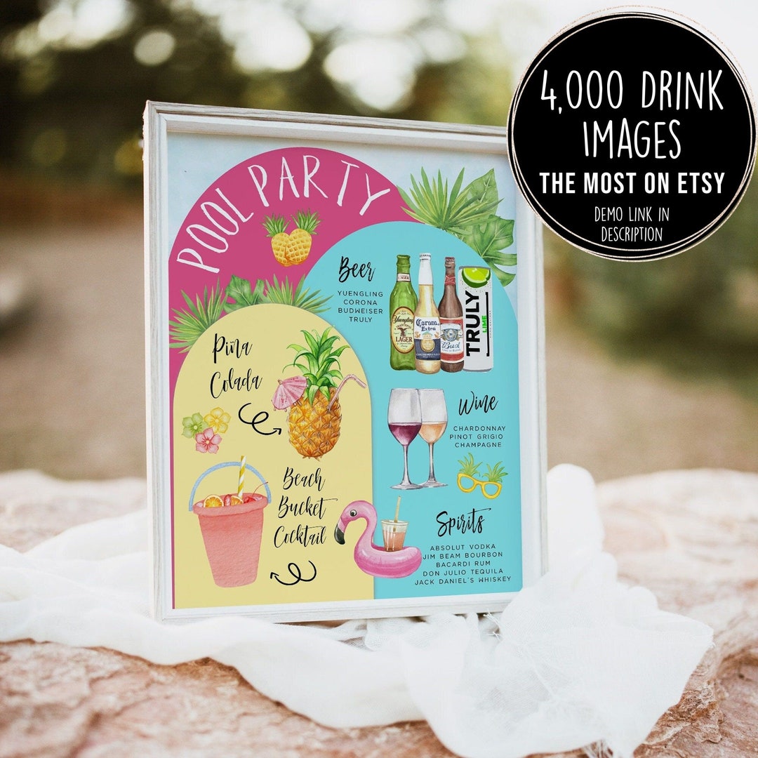 Pool Party Bar Menu Template, Summer Party Drink Menu, Tropical Beach ...