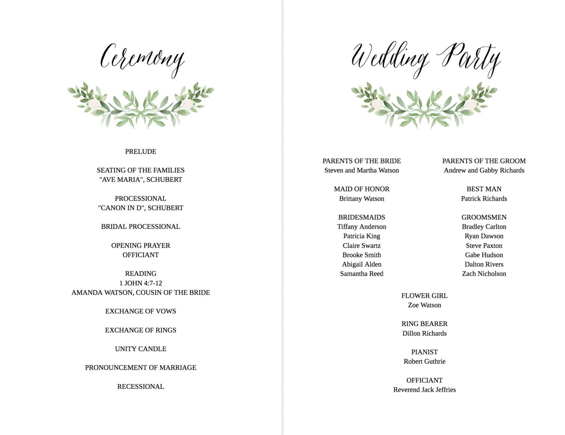 Printable Folded Wedding Program Template Greenery Folded | Etsy