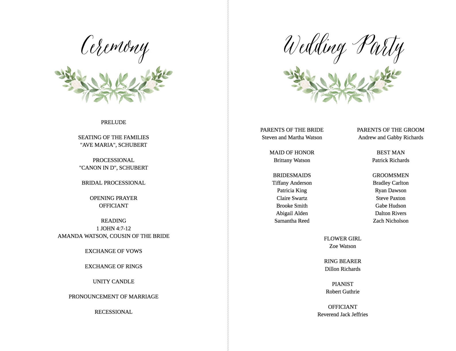 Printable Folded Wedding Program Template Greenery Folded - Etsy