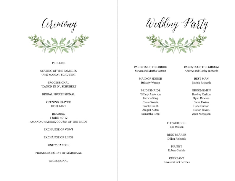 Printable Folded Wedding Program Template Greenery Folded - Etsy
