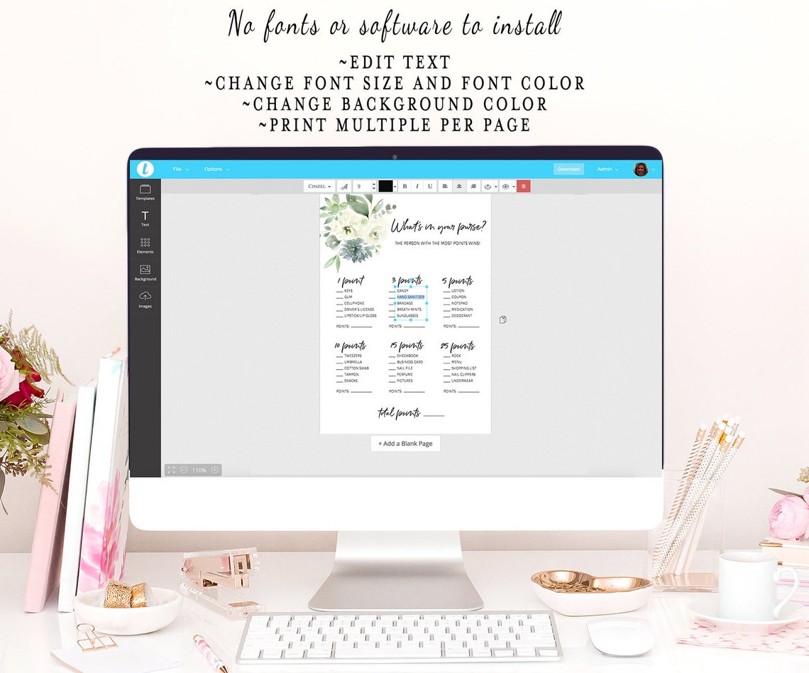 What's in Your Purse Game Succulent Blue Floral Bridal - Etsy