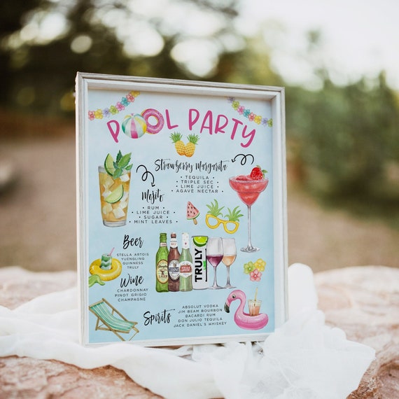Pool Party Bar Menu Template, Summer Party Drink Menu, Tropical Beach ...