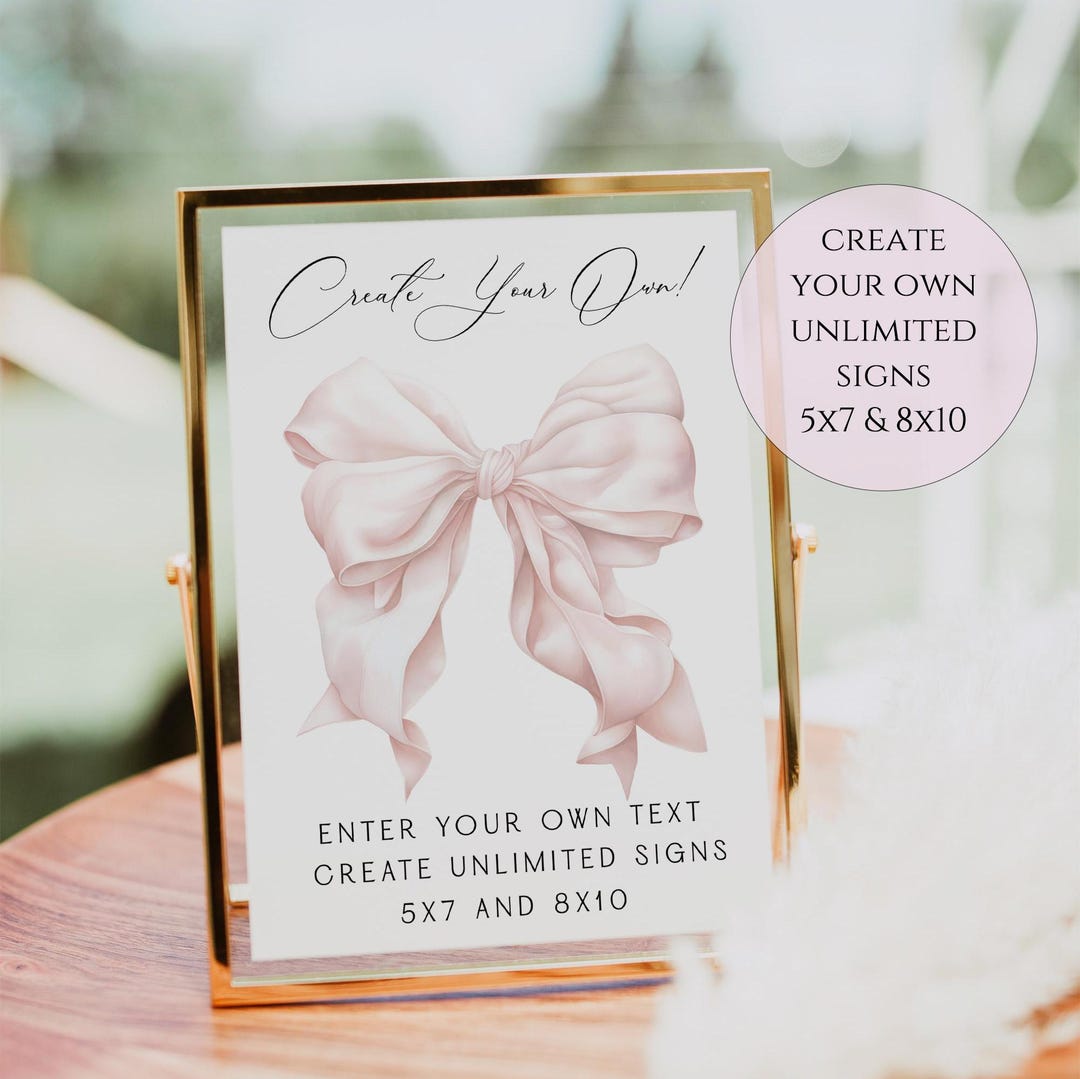 Editable Pink Bow Shower Food and Drinks Sign Template, Coquette Pink ...