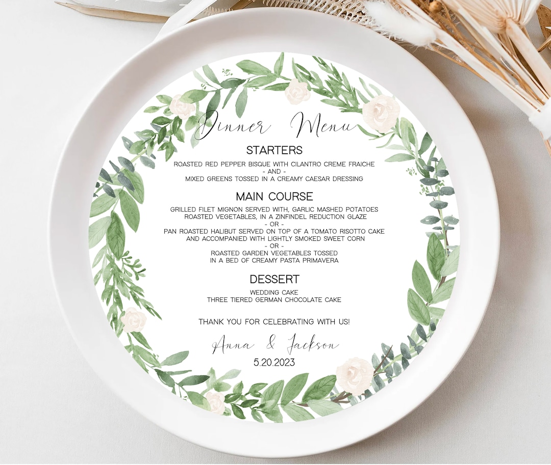 Round Dinner Menu Template, 8" Round Modern Menu, Printable Greenery ...