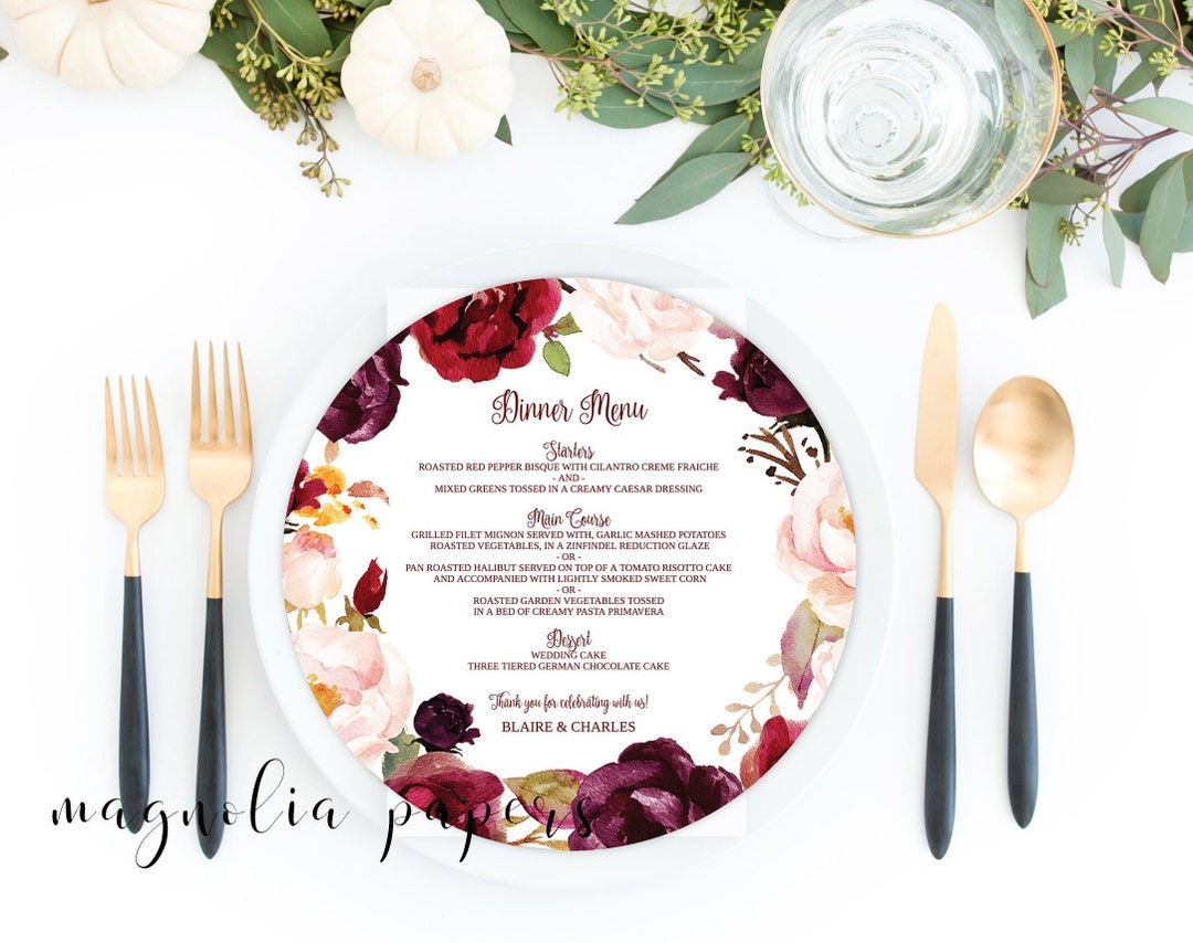 Round Dinner Menu Template, Printable Round Wedding Dinner Menu ...