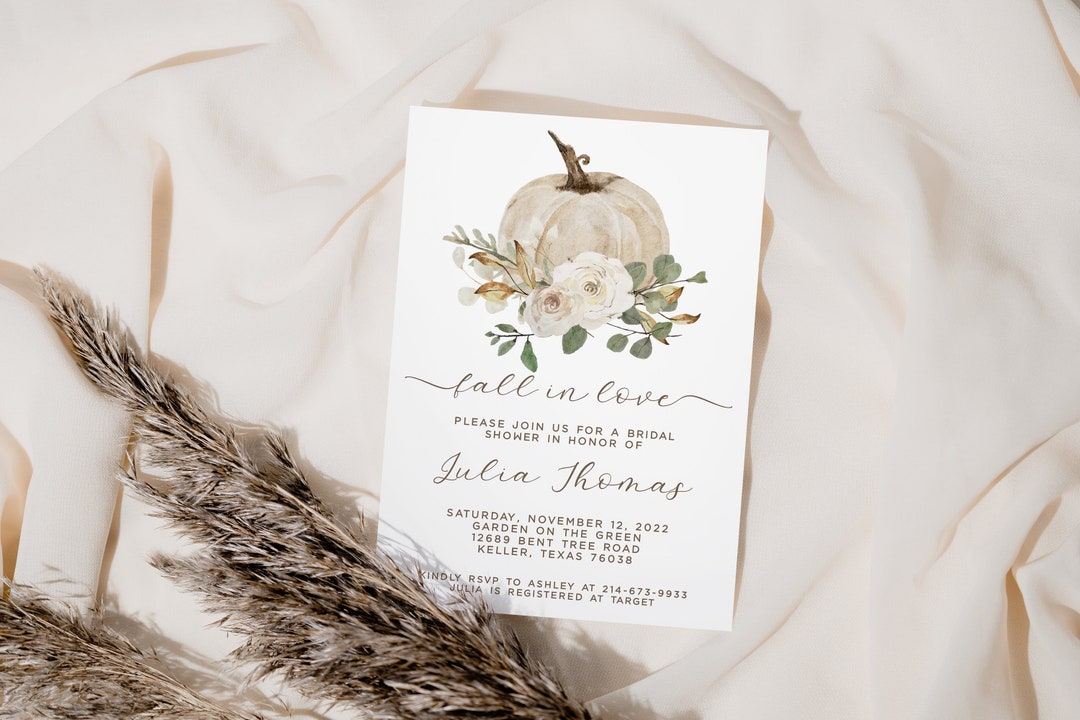 Fall in Love Boho Bridal Shower Invitation Template, Boho Cream Pumpkin ...