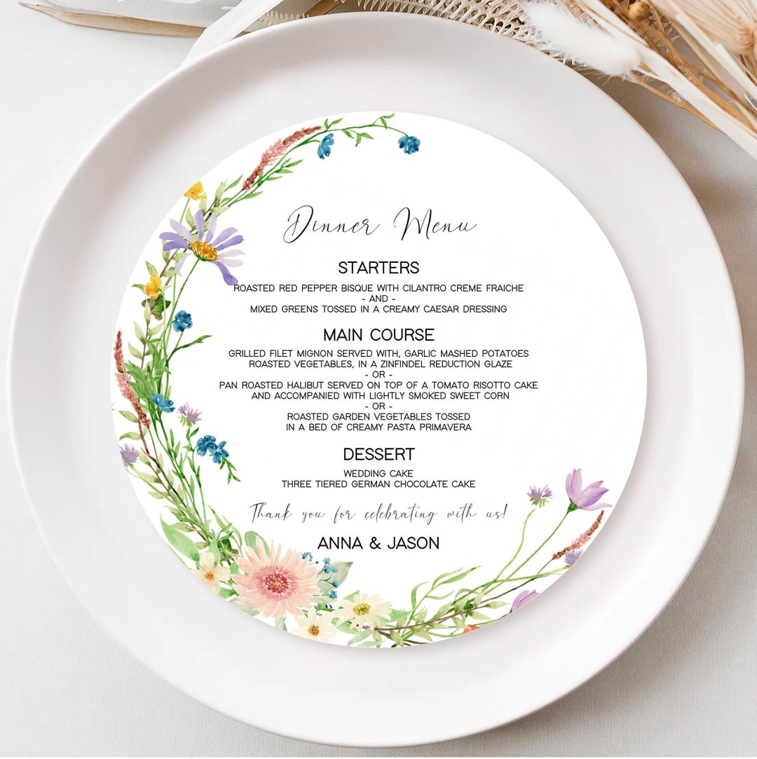 Wildflower Wedding Menu Template: Round Dinner Menu (digital Download ...