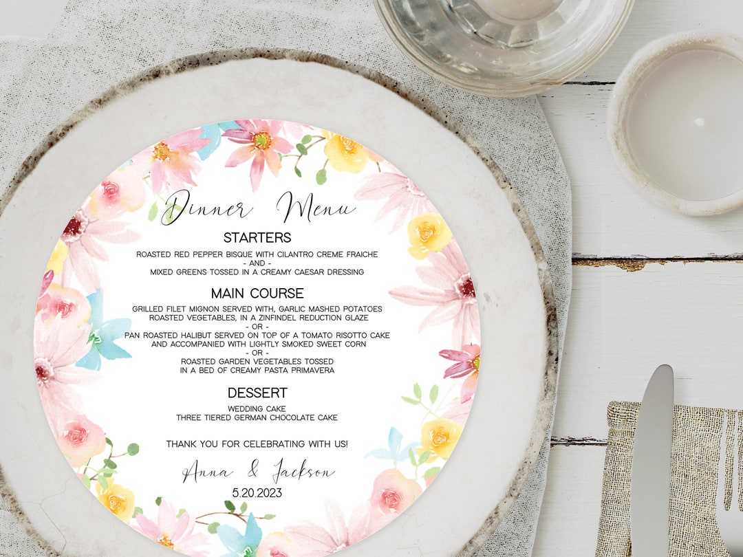 PRINTED Colorful Daisy Round Dinner Menu, 8" Round Wildflower Menu ...