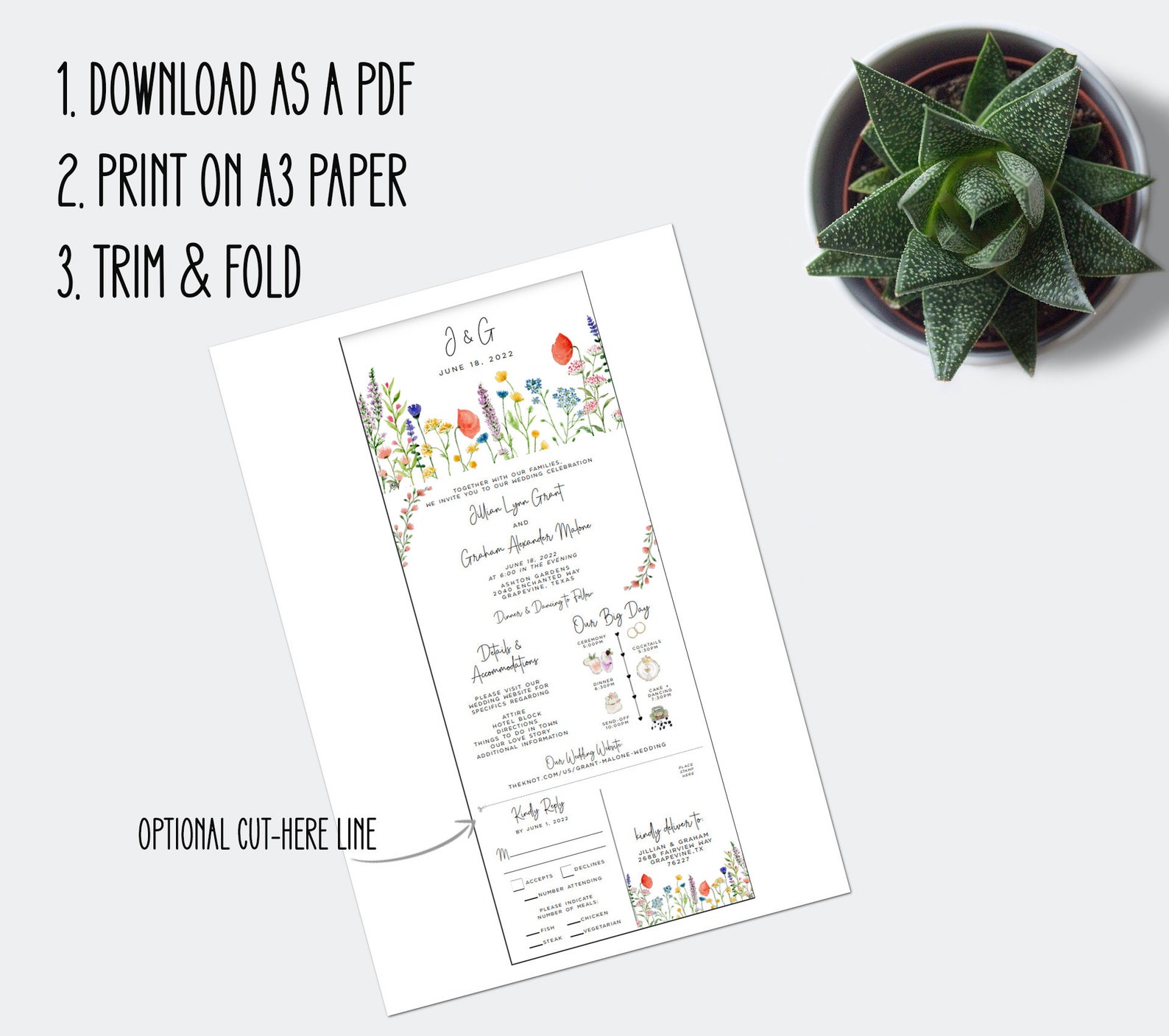 Wildflower Wedding Invitation Template: Tri-fold Concertina (instant ...