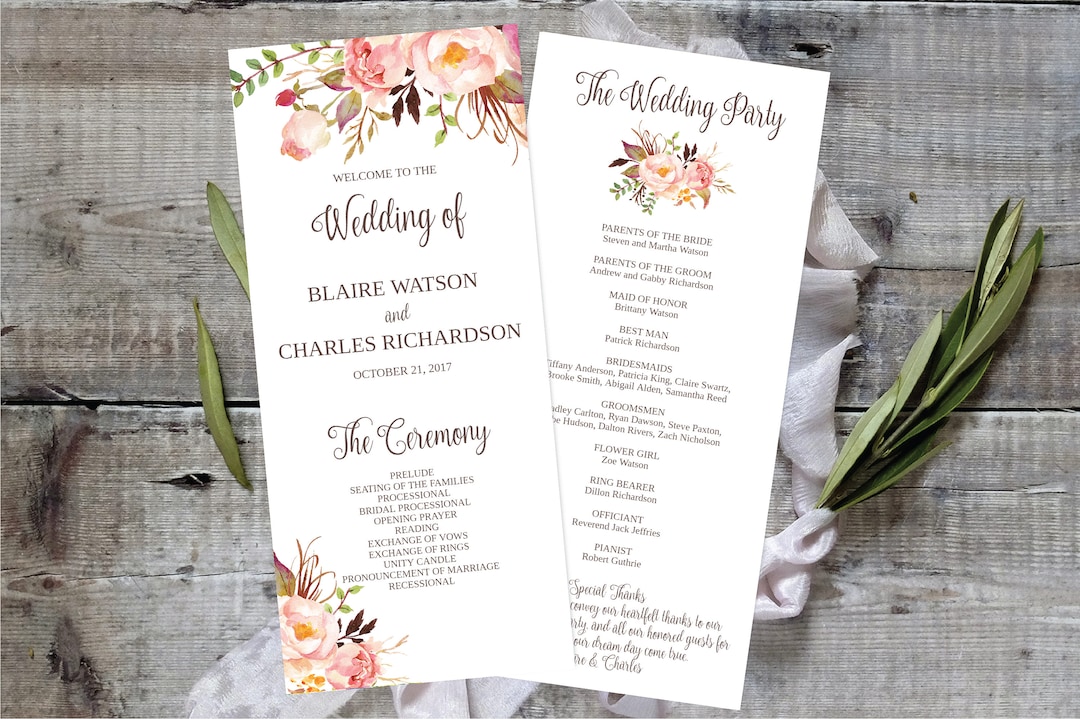Printable Wedding Program 4x9, Wedding Program Template, Wedding ...