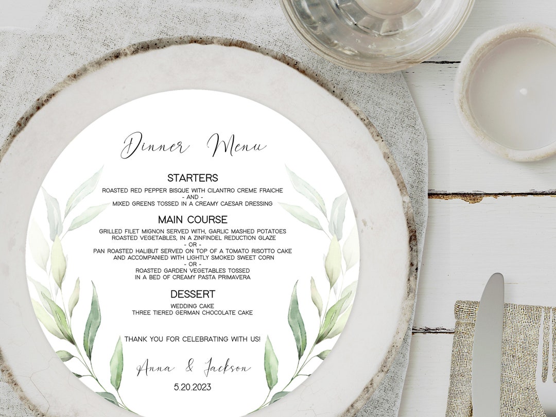 PRINTED Round Dinner Menu, 8" Round Greenery Menu, Printed Eucalyptus ...