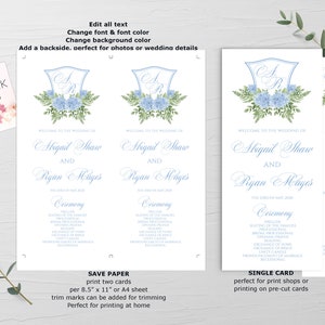 Blue Hydrangea Wedding Program Template: Classic Crest (DIY 4x9) - Etsy