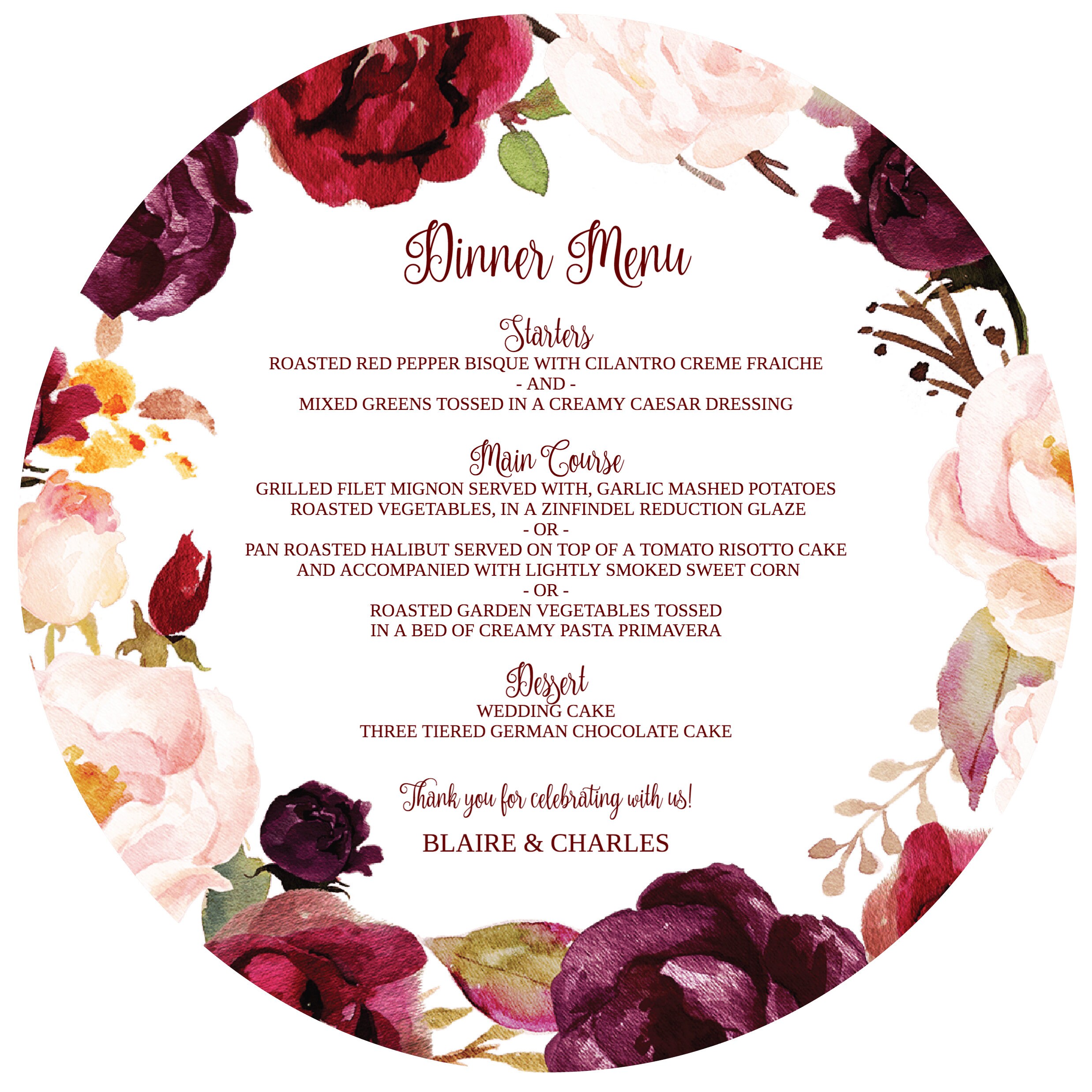Round Dinner Menu Template Printable Round Wedding Dinner | Etsy