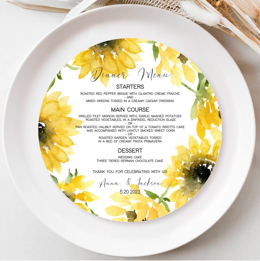 Round Dinner Menu Template, 8" Round Wedding Menu, Printable Sunflower ...