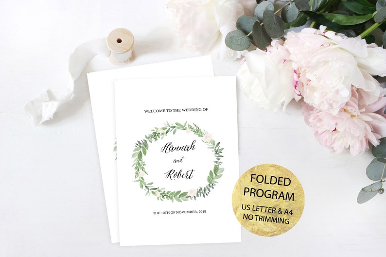 Printable Folded Wedding Program Template Greenery Folded - Etsy