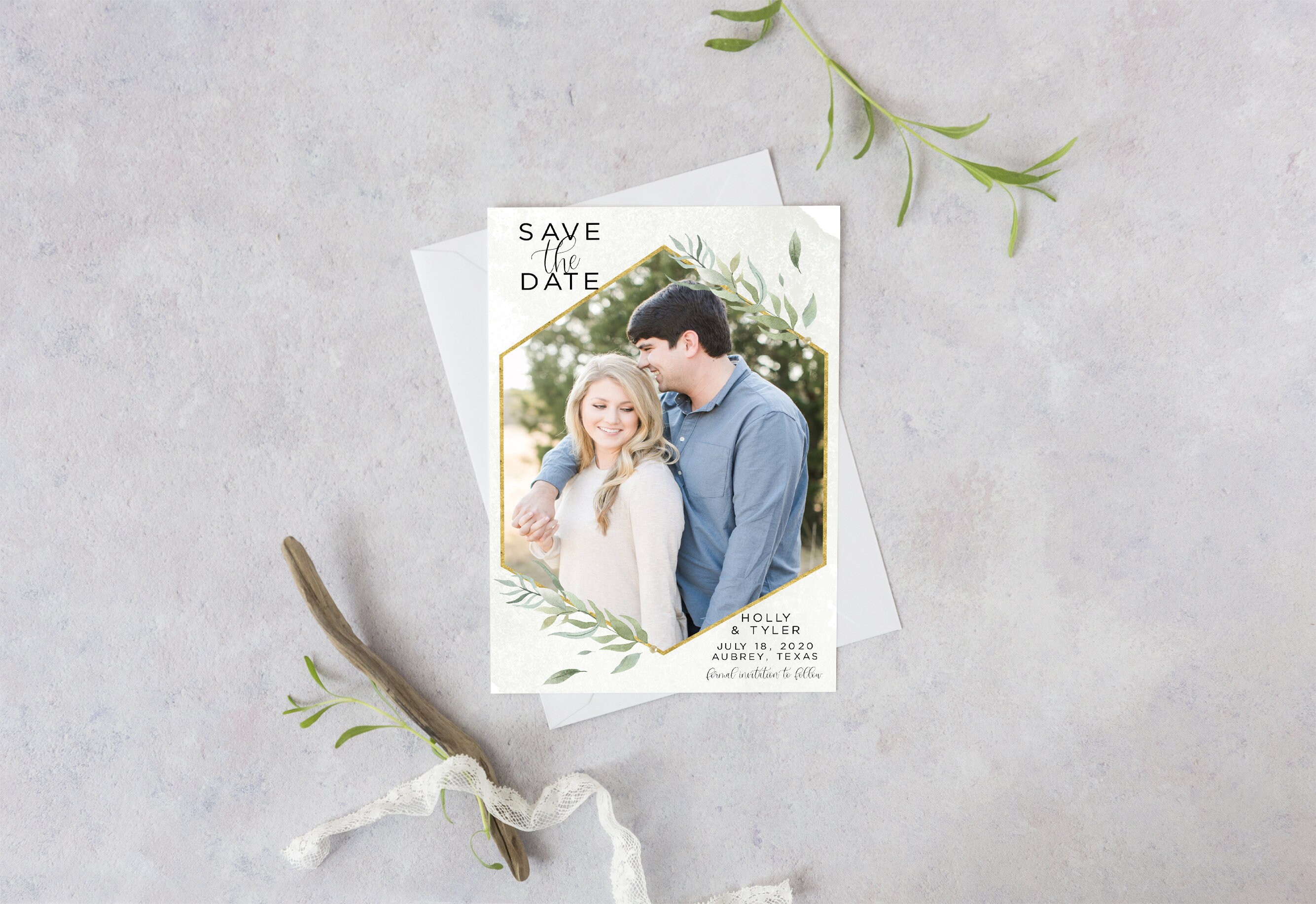 Save The Date With Photo Template Geometric Gold and Greenery | Etsy