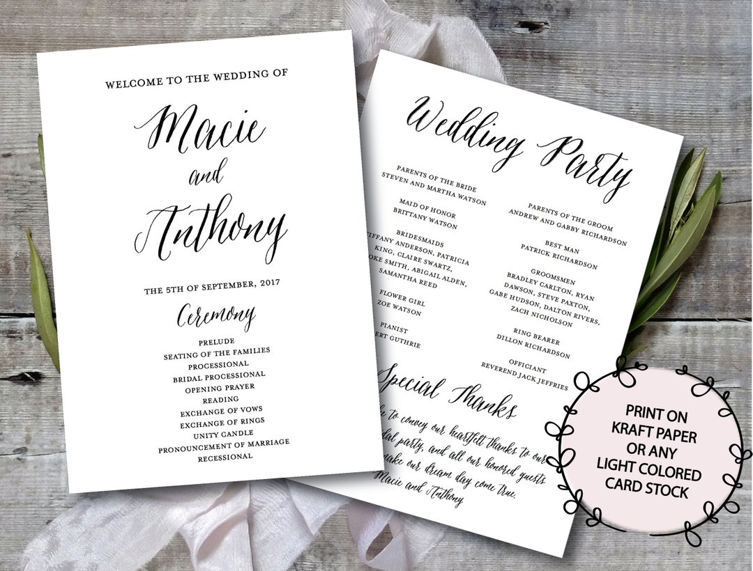 Calligraphy Wedding Program Template: Printable 5x7 (digital Download ...