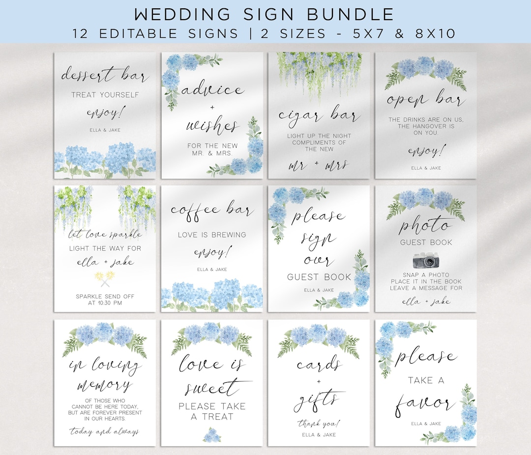 Blue Hydrangea Wedding Sign Bundle: Editable DIY Templates - Etsy