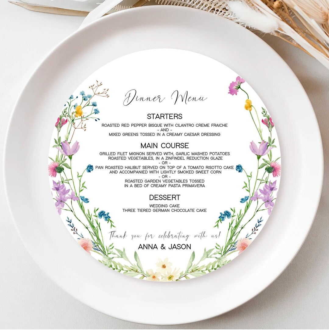 Round Dinner Menu Template, 8" Round Wedding Menu, Printable Wildflower ...
